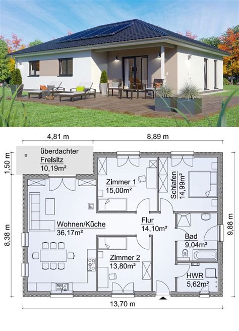 Bungalow Haus Grundriss ebenerdig mit Walmdach Architektur überdachte