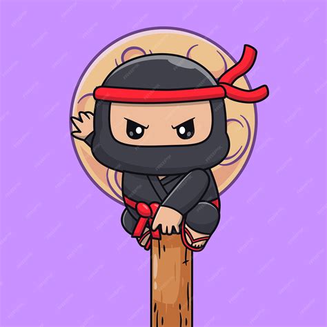 Premium Vector Cute Ninja Sitting On Wood With Moon Cartoon Vector Icon Illustration People