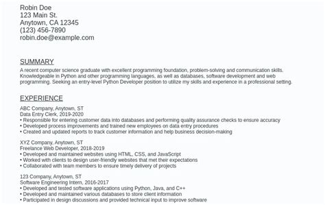 Entry Level Python Developer Resume Sample Template Free Ziprecruiter