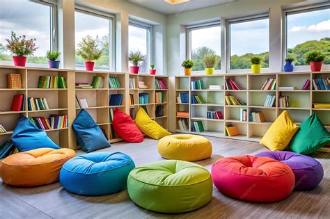 A Cozy Reading Corner In A Classroom With Colorful Bean Bags And Bookshelves Premium Ai