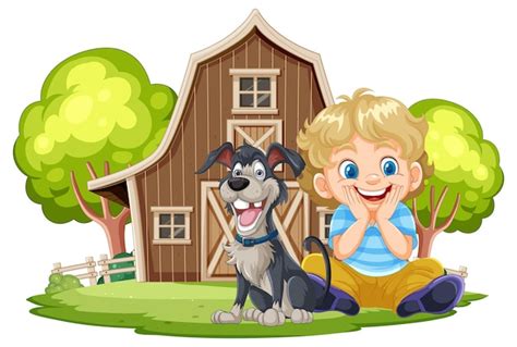 Мальчик и собака у сарая Бесплатно векторы
