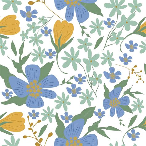 Premium Vector Blue Hand Drawn Flower Seamless Pattern