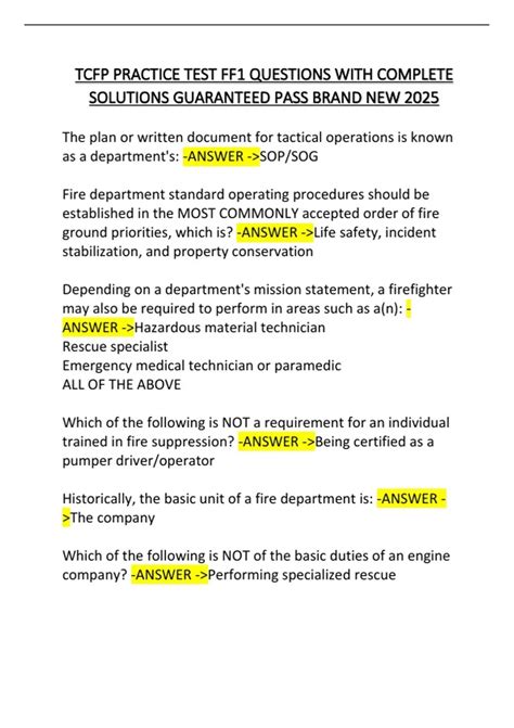 Tcfp Practice Test Ff1 Questions With Complete Solutions Guaranteed Pass Brand New 2025 Johns
