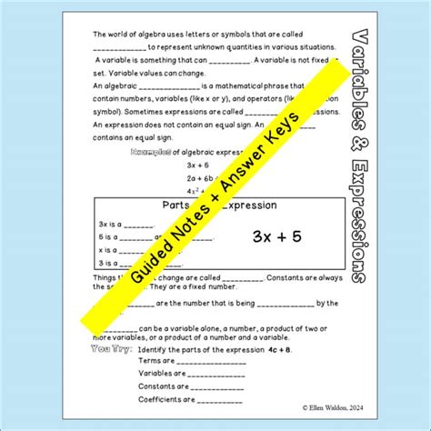 variables and expressions guided notes practice and homework by waldonmath