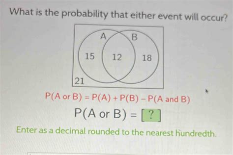Solved: What is the probability that either event will occur? P(AorB)=P(A)+P(B)-P(A and B) P ...