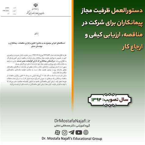 دانلود دستورالعمل ظرفیت مجاز پیمانكاران برای شركت در مناقصه، ارزیابی كیفی و ارجاع كار مصوب