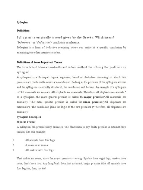 Syllogism Definition Syllogism Is Originally A Word Given By The Greeks Whichmeans Pdf