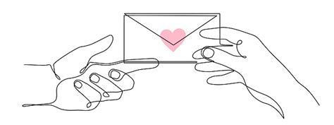 봉투와 하트에 편지가 있는 손 한 라인 아트 연속 윤곽 그리기 손으로 그린 제스처 낭만적인 사랑의 상징 성 발렌타인 데이 손바닥과 손목 장식 편집 가능한 획 개념에 대한