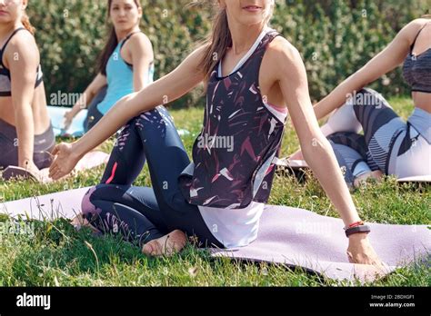 Healthy Lifestyle Women Practice Yoga Outdoors Sitting Crossed Legs