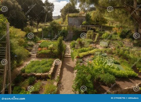 Edible Landscape With Fruit Trees And Vegetable Garden Surrounded By
