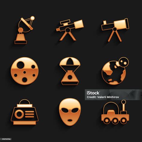 Set Space Capsule Alien Mars Rover Earth Globe Planet Telescope And