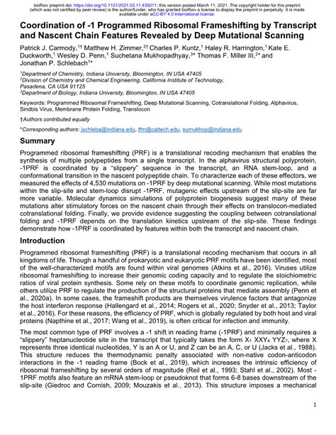 Coordination Of 1 Programmed Ribosomal Frameshifting By Transcript And Nascent Chain Features