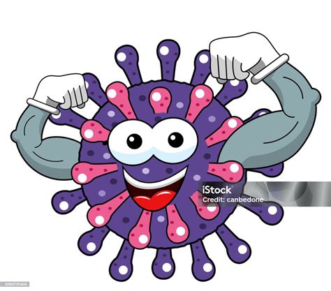 만화 마스코트 캐릭터 바이러스 또는 박테리아 근육 표시 이두박근 Strenght 고립 벡터 일러스트 레이 션 건강관리와 의술에