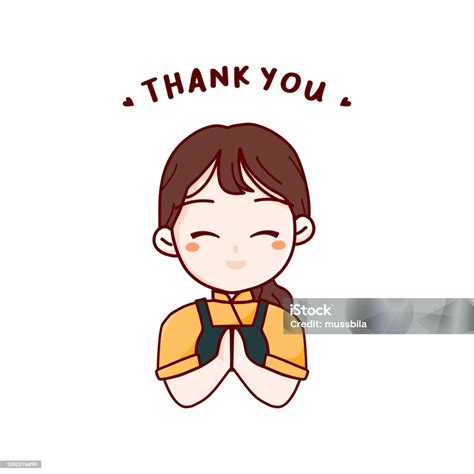 สาวน่ารักสวมผ้ากันเปื้อนยิ้มสนุกขอบคุณการ์ตูนศิลปะเวกเตอร์ภาพประกอบ ภาพประกอบสต็อก ดาวน์โหลด