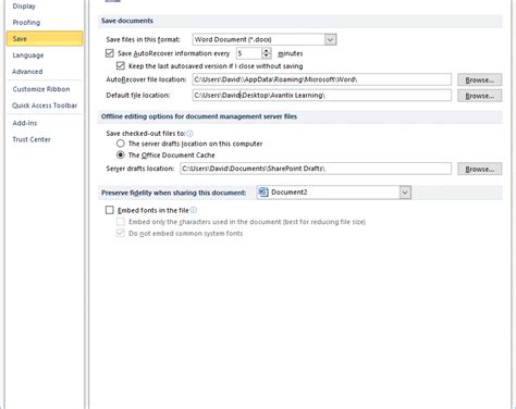 Word Options Dialog Box Save Category With Embed Fonts Not Checked