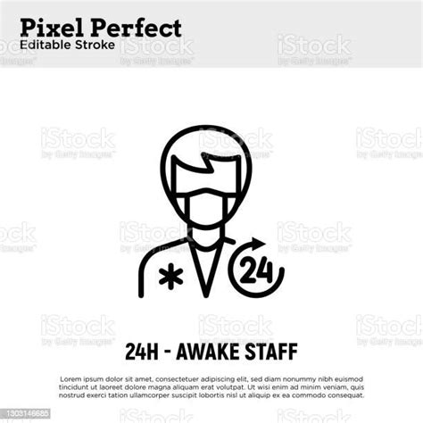 간호 의료진 24 시간 제복과 수술 용 마스크를 쓴 남자 얇은 선 아이콘입니다 픽셀 완벽 편집 가능한 스트로크 벡터 그림입니다 0명에 대한 스톡 벡터 아트 및 기타 이미지