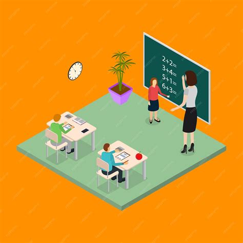 학교 교육 개념 3d 아이소메트릭 뷰 장면 교실 벡터 그림에서 어린이와 교사가 있는 장면 프리미엄 벡터