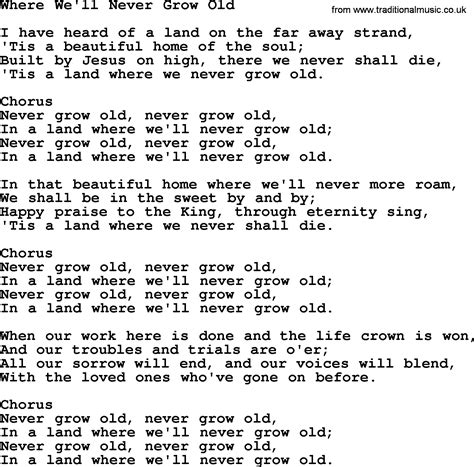 Baptist Hymnal Christian Song Where Well Never Grow Old Lyrics With
