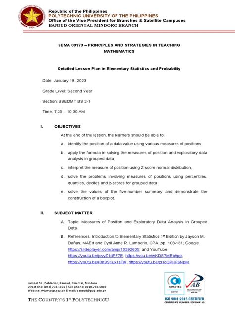 lesson plan in measures of position and exploratory data analysis pdf