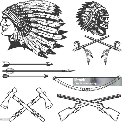 아메리카 원주민 인디언 족장 머리의 집합입니다 국가 미국 인디언 머리 장식 활 화살 담배 파이프 토마 호크 벡터 일러스트 레이