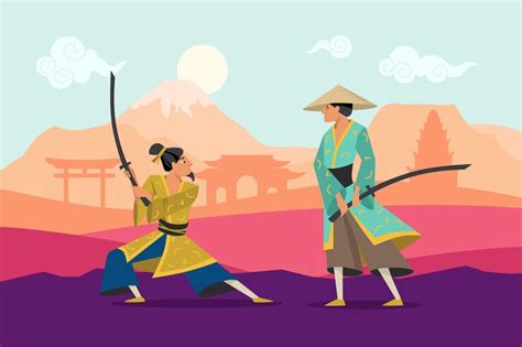 Free Vector Cartoon Battle Of Two Eastern Warriors In Kimono