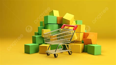 노란색과 녹색 배경에 기하학적 모양과 선물 상자가 있는 슈퍼마켓에 있는 쇼핑 카트의 3d 렌더링 장바구니 시장 3d 스토어 3d 배경 일러스트 및 사진 무료 다운로드