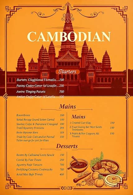 Cambodian Khmer Menu With Elegant Angkor Wat Inspired Designs And