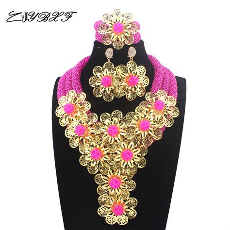 Fashion Fuschia Pink Crystal Costume Women Jewelry Set Beads Flowers Statement Necklace Set For