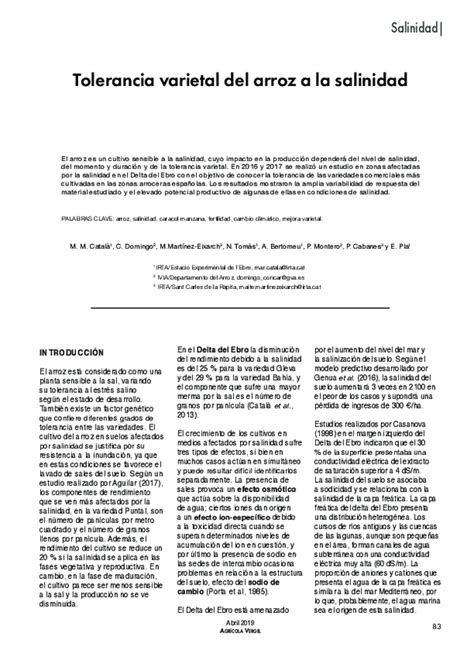 Pdf Tolerancia Varietal Del Arroz A La Salinidad