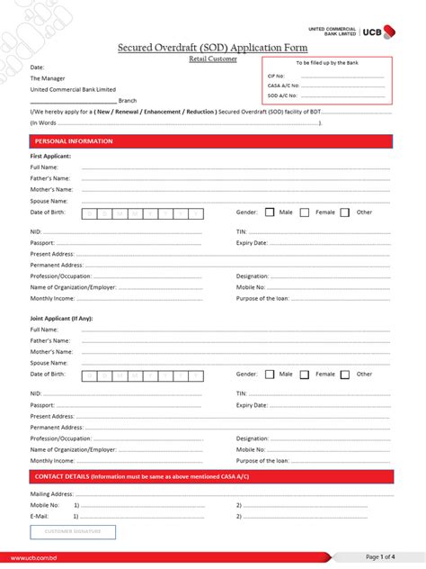 Retail Secured Overdraft Application Form Pdf Line Of Credit Banks