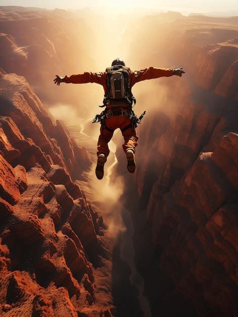 Premium Photo Man Red Suit Flying Air Credit Geo Canyon Background