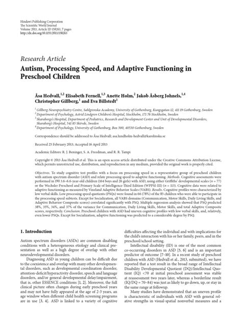 Autism Processing Speed And Adaptive Functioning I Pdf Wechsler