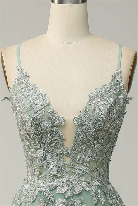 Zapaka Women Green Long Prom Dress A Line Spaghetti Straps Formal Dress