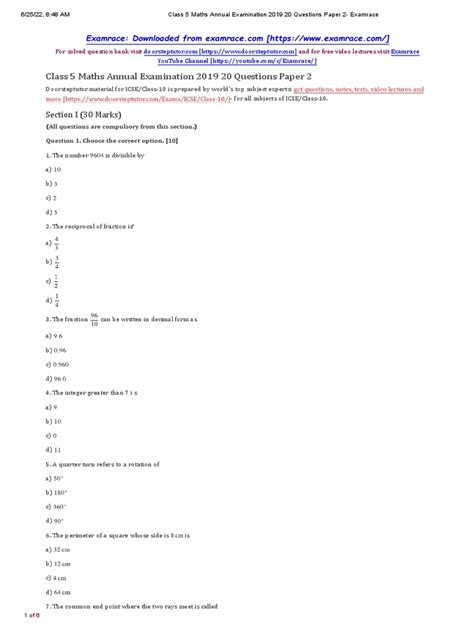 Icse Class 5 Maths Sample Paper 2 Pdf Elementary Mathematics Mathematics