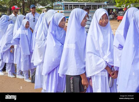 Group Of Sri Lankan Muslim Schoolgirls Wearing Lilac Hijab On A Day