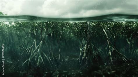 Mangrove Aerial Roots Reaching Down Into The Water Illustrating The Adaptation Of Trees To
