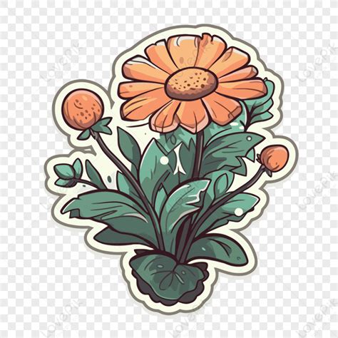 잎 클립 아트와 오렌지 데이지 꽃의 스티커 일러스트 벡터상표 Png 일러스트 무료 다운로드 Lovepik