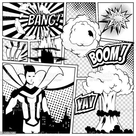 다양한 연설 거품 광선 별 점 하프 톤 배경만화 페이지의 벡터 다채로운 템플릿 슈퍼 히어로와 도시 실루엣 0명에 대한 스톡 벡터 아트 및 기타 이미지 Istock