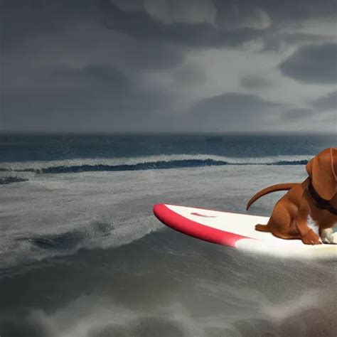 Beagle On A Surfboard Surfing Waves Of An Ocean Stable Diffusion