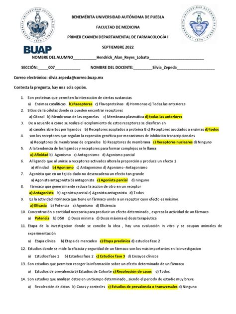2 Examen De Farma Buap Pdf Receptor Bioquímica Receptor Antagonista