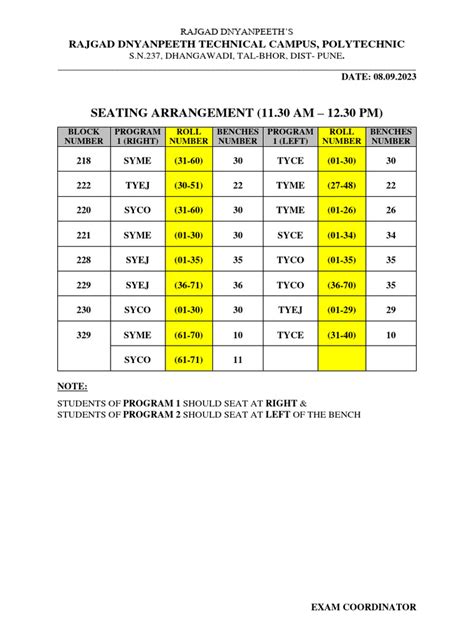 Block Seating Arrangement Pdf