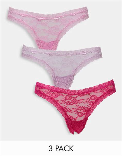 Lindex Sou Dana 3 Pack Lace Thong In Pink Lilac And Berry Asos