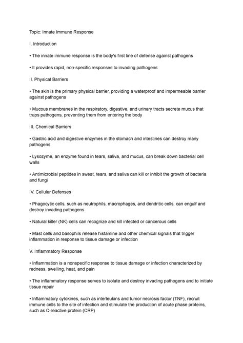 The Immune System Lecture Notes And Important Points Topic Innate