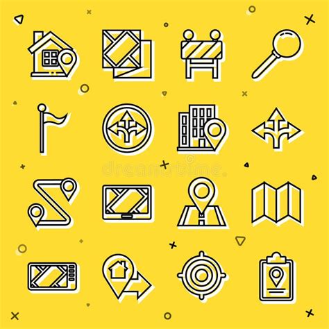 Set Line Folded Map With Location Marker Road Traffic Sign Barrier Location House And Icon