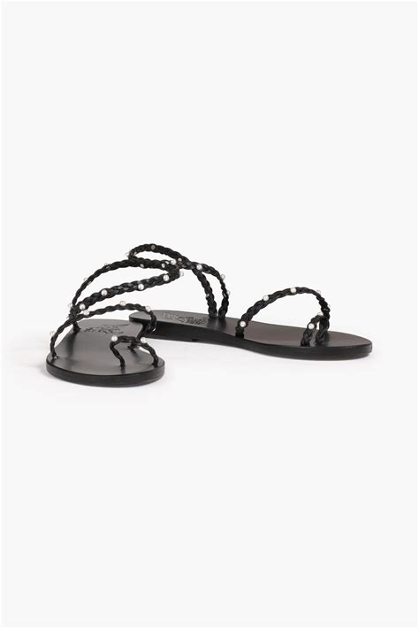 Ancient Greek Sandals Eleftheria Faux Pearl Embellished Braided Leather