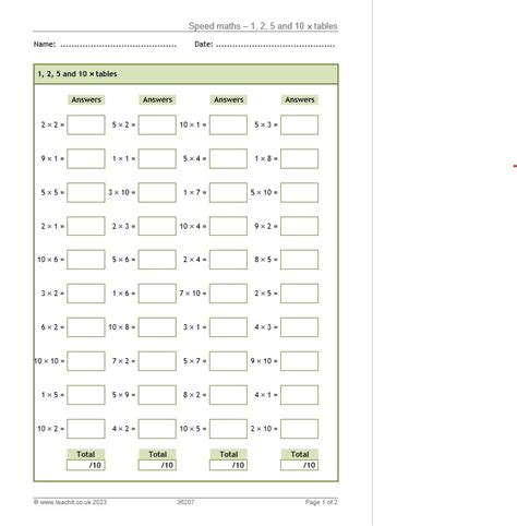 1 2 5 And 10 X Tables Practice Worksheet Number Ks1 Teachit