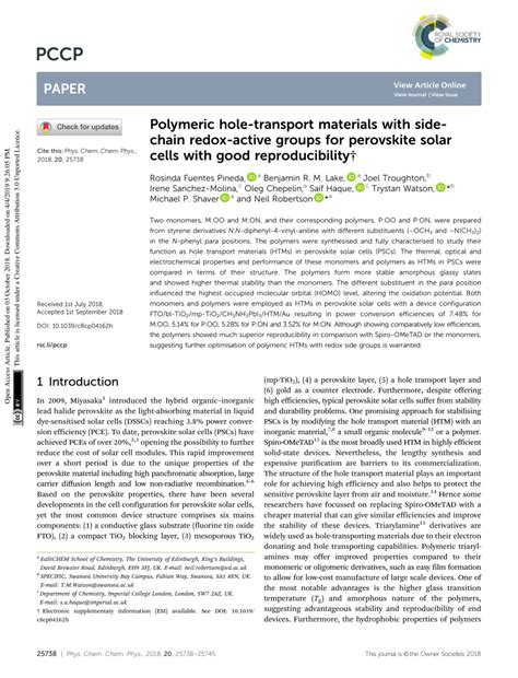 Pdf Polymeric Hole Transport Materials With Side Chain Redox Active