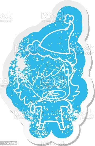산타 모자를 쓰고 충격을 받은 엘프 소녀의 기발한 만화 고민 스티커 꼬마 요정에 대한 스톡 벡터 아트 및 기타 이미지 꼬마
