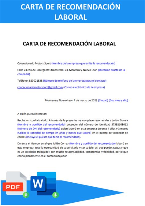 5 Ejemplos De Cartas De Recomendación Laboral En Word 2023