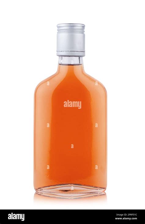 Brandy Cognac Small Pocket Flask Bottle With No Label And Silver Pilfer Cap Isolated On White